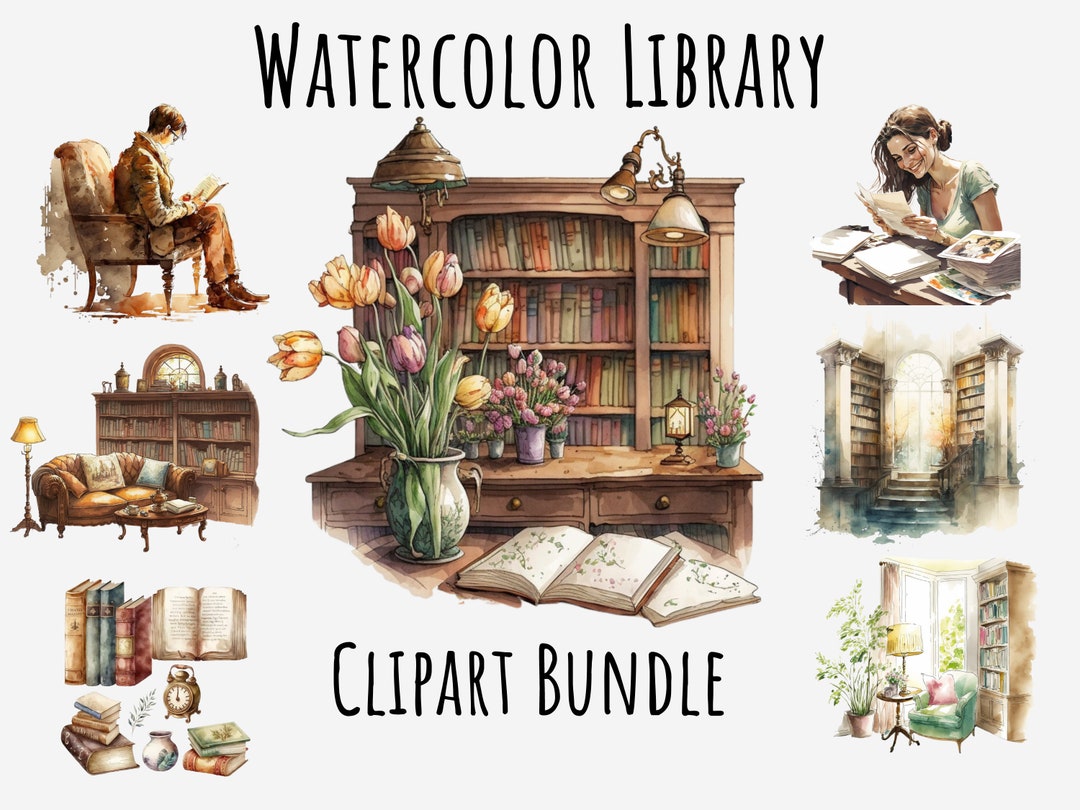 Watercolor Library Clipart Reader Png, Student, Bookworm, Bookshelf ...
