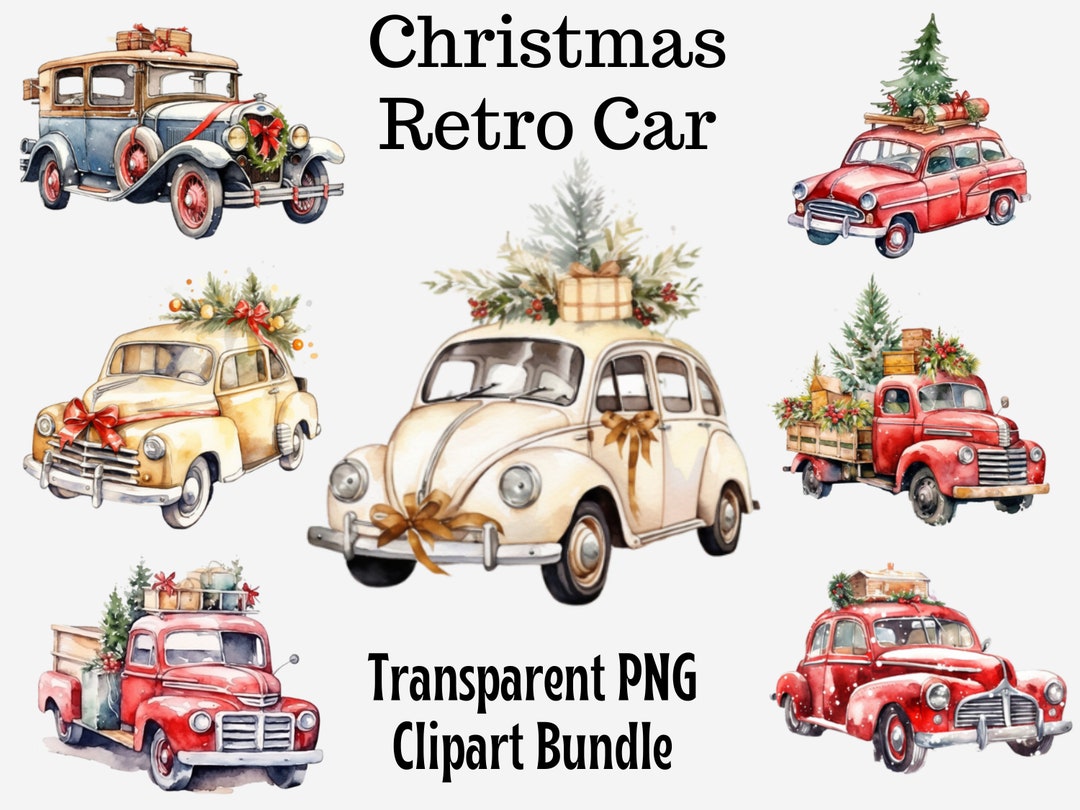 Watercolor Christmas Retro Car Clipart, Classic Car, Winter Holiday ...