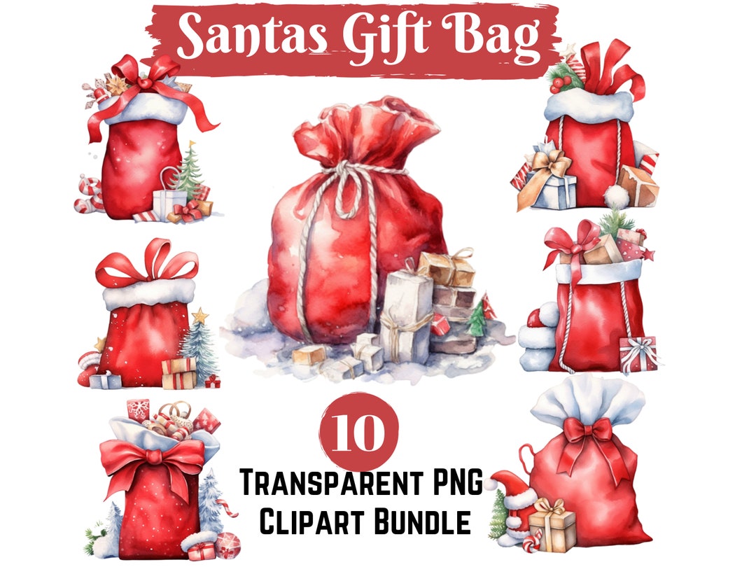 Santas Gift Bag Clipart Bundle, Watercolor Christmas Printable Graphics ...