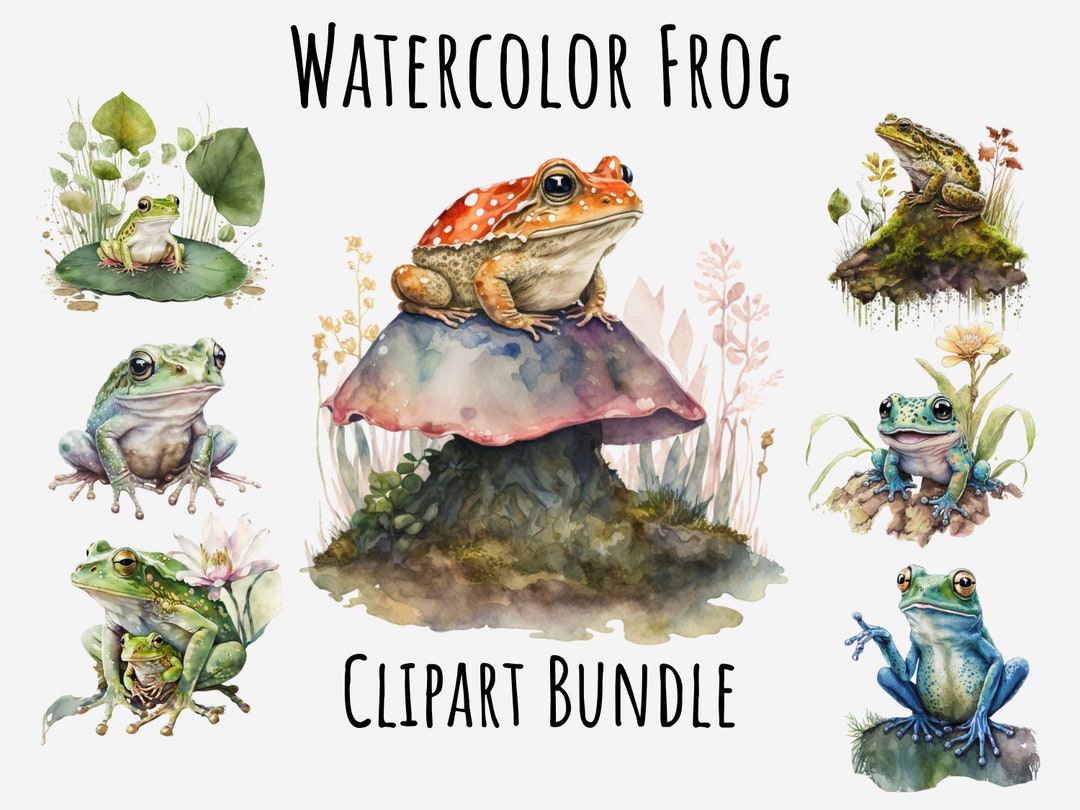 Watercolor Frog Clipart, Cute Frog Png Bundle, Mushroom, Water Animals ...