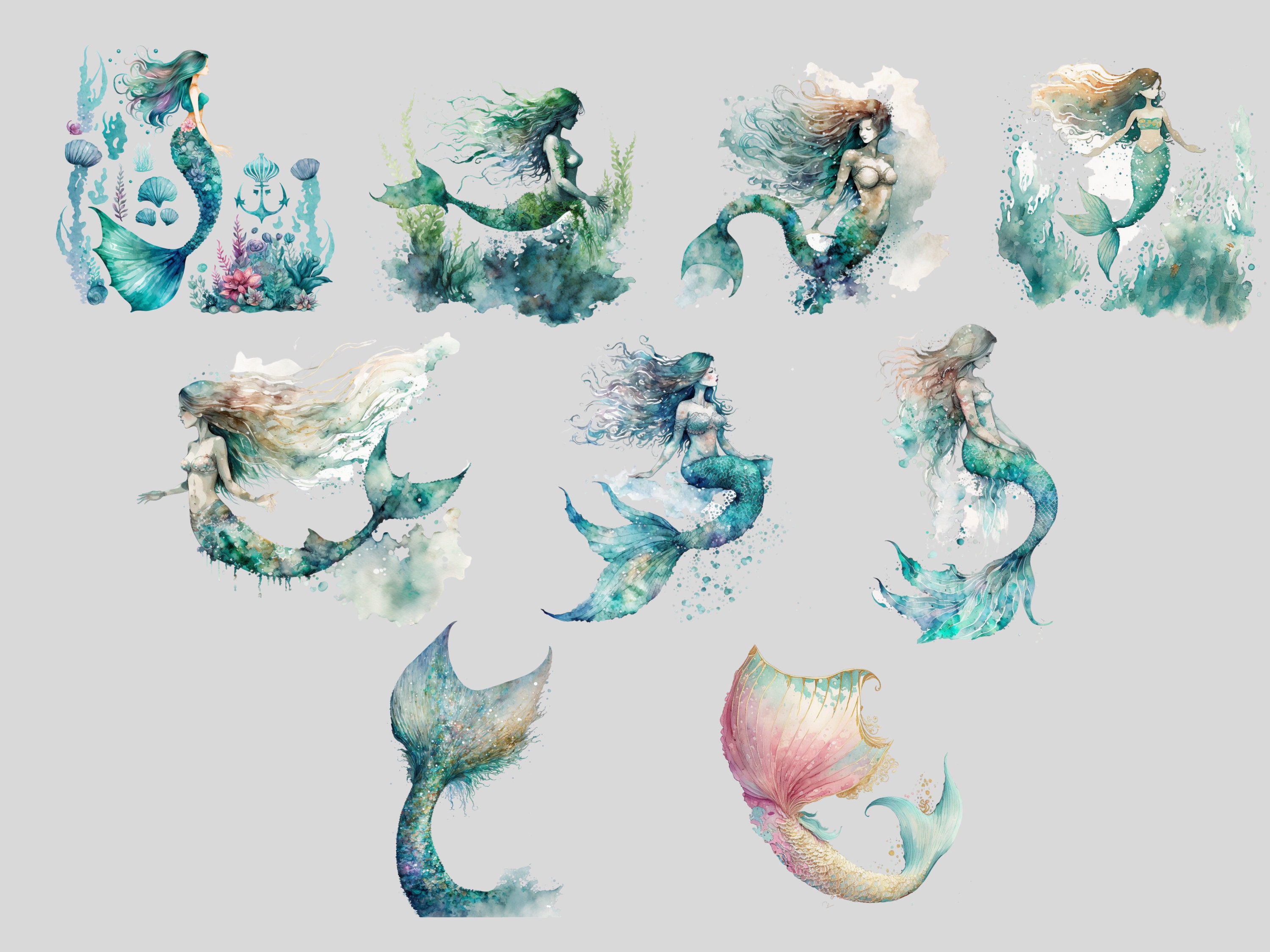 Watercolor Mermaid Clipart Underwater Mermaid Tail Marine - Etsy