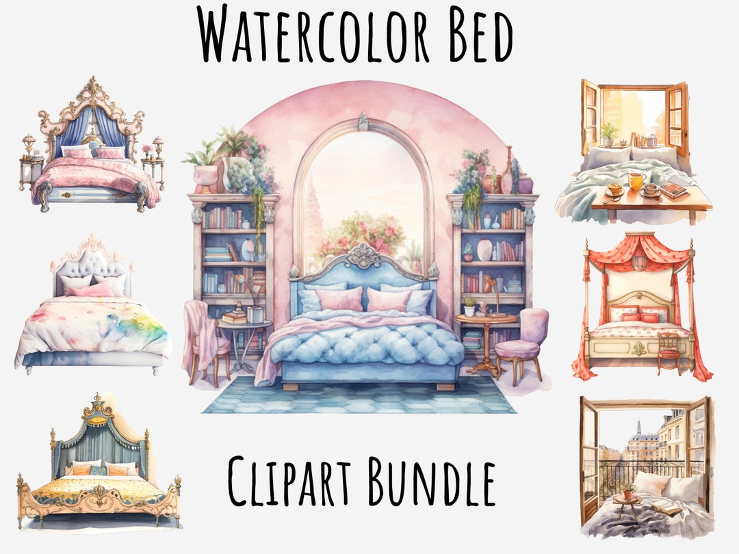 Watercolor Bed Clipart in Png, Bed With Breakfast, Victorian Bed ...