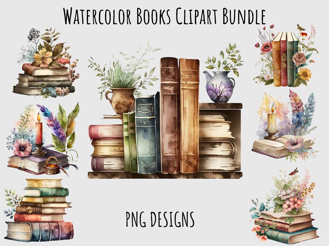 Watercolor Book Clipart Bundle, Books Lover Floral Clipart Junk Journal ...