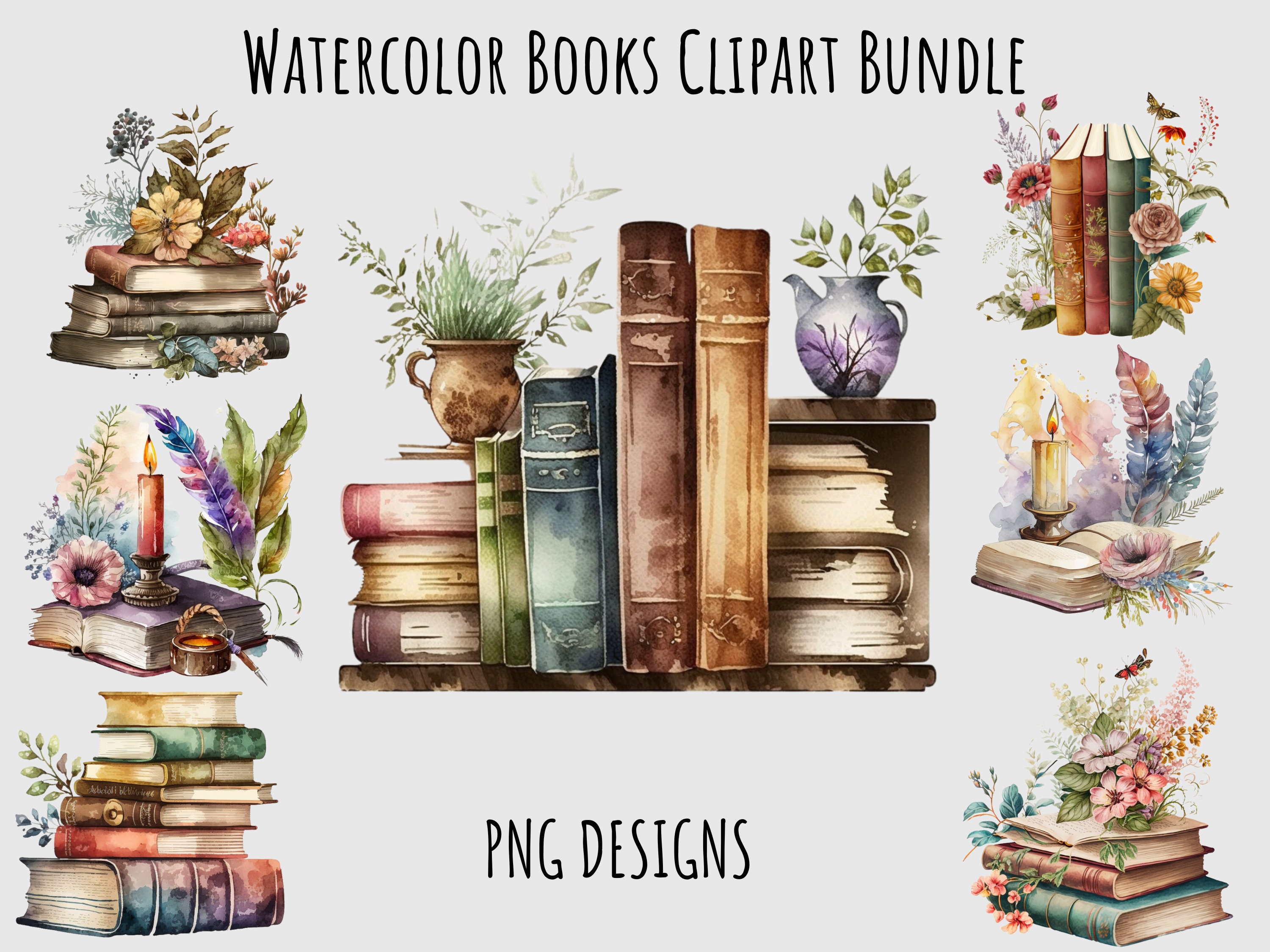 Watercolor Book Clipart Bundle Books Lover Floral Clipart - Etsy