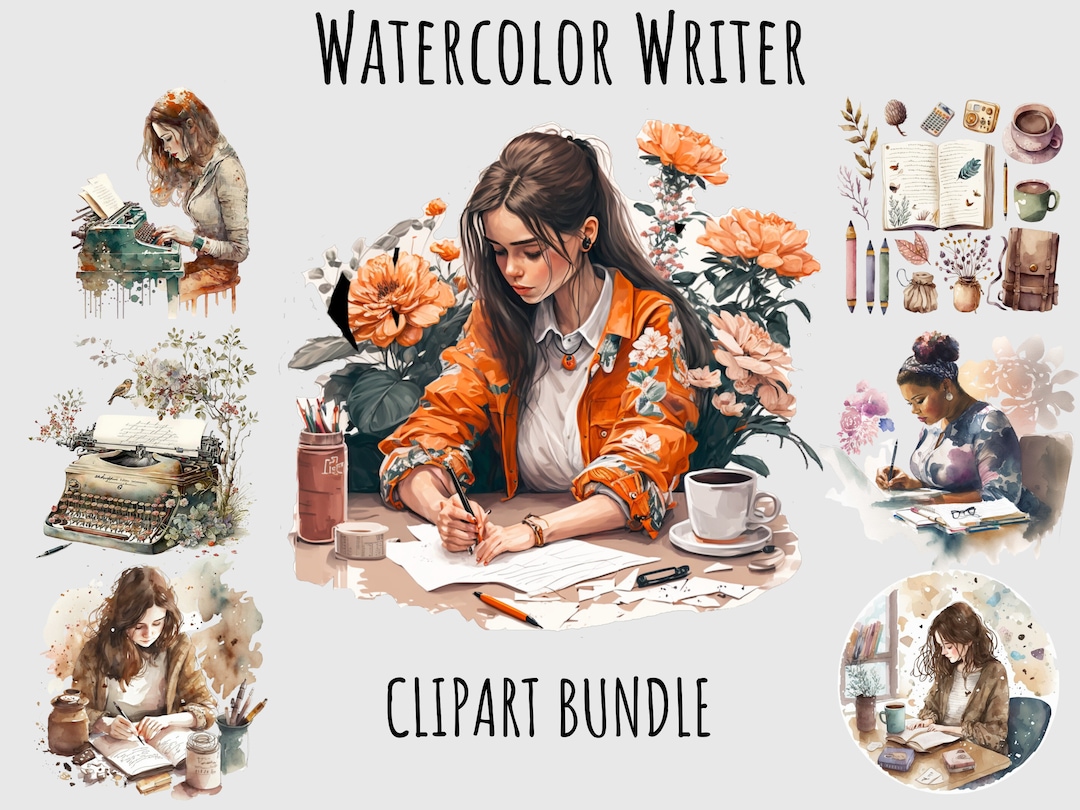 Watercolor Writer Clipart Png Bundle, Artist Typewriter Book Clipart ...