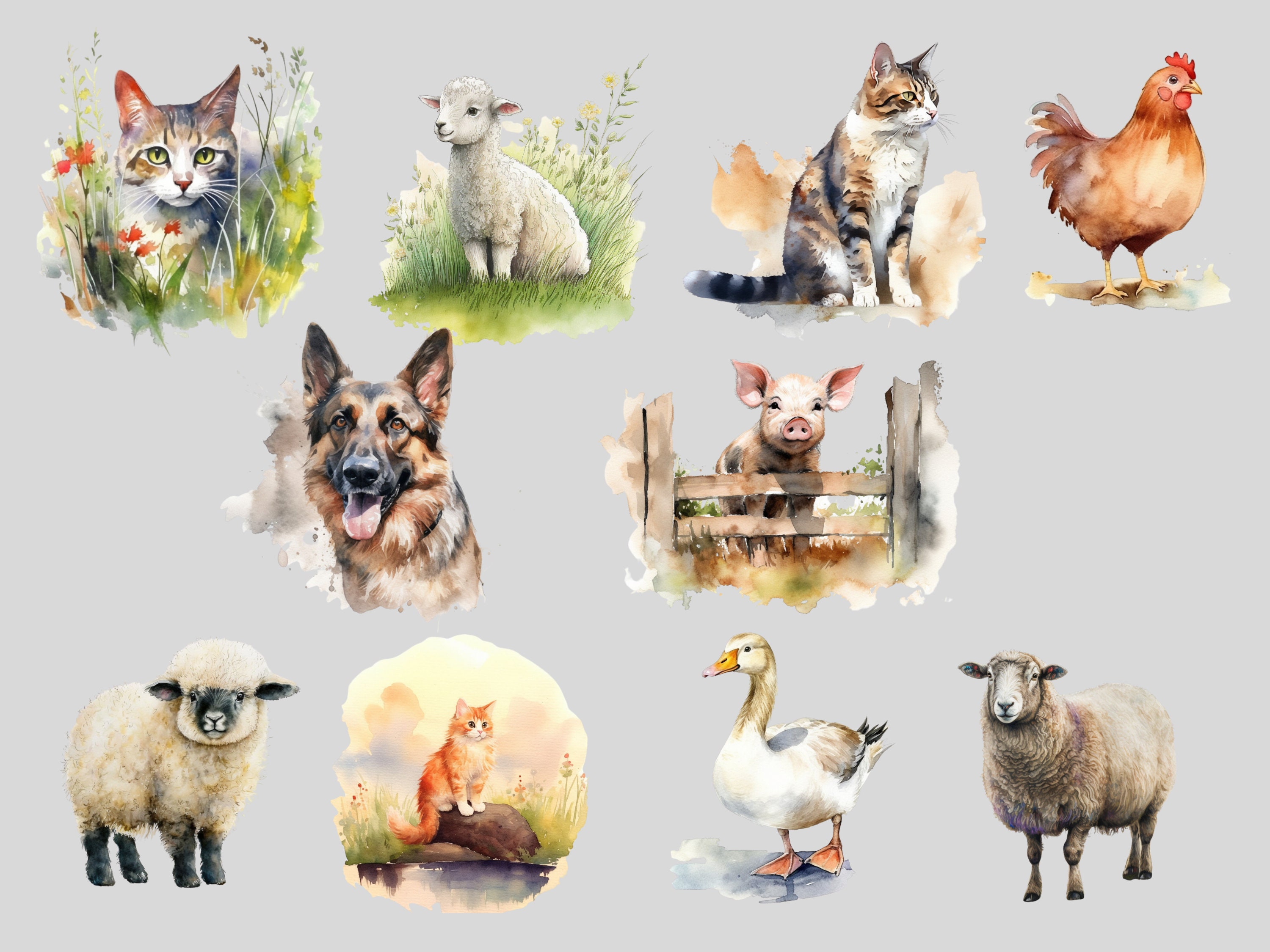 Watercolor Farm Animals Clipart Png, Sheep, Dog, Cat, Chick, Chicken ...
