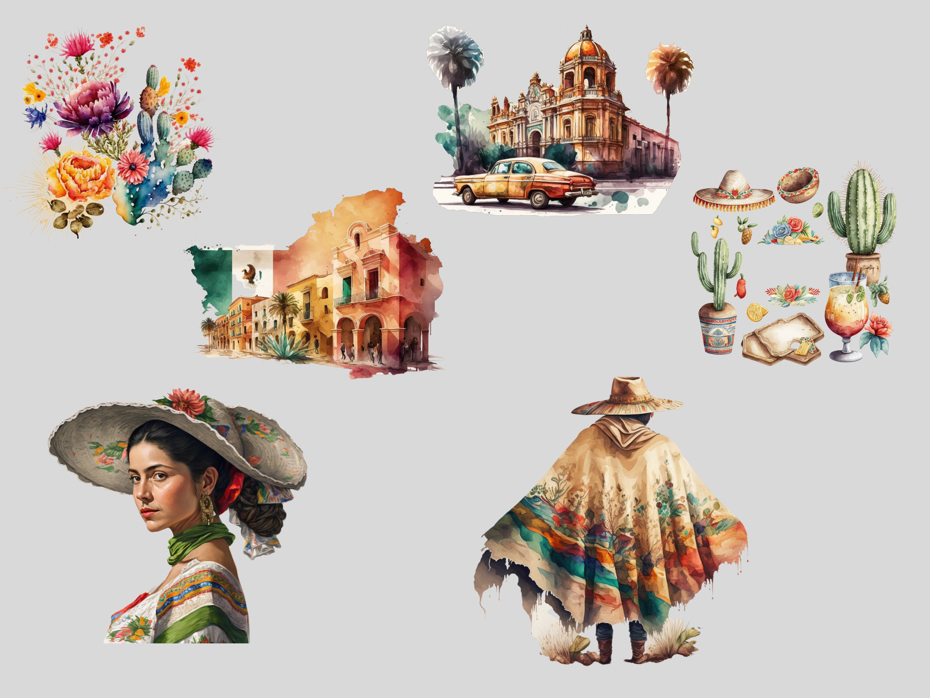 Watercolor Mexican Clipart, Fiesta, Cinco De Mayo, Guitar, Cactus ...
