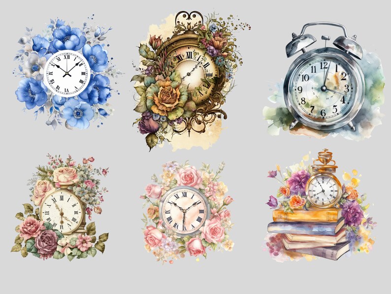 Watercolor Clock Clipart PNG Retro Clock Clipart Floral - Etsy