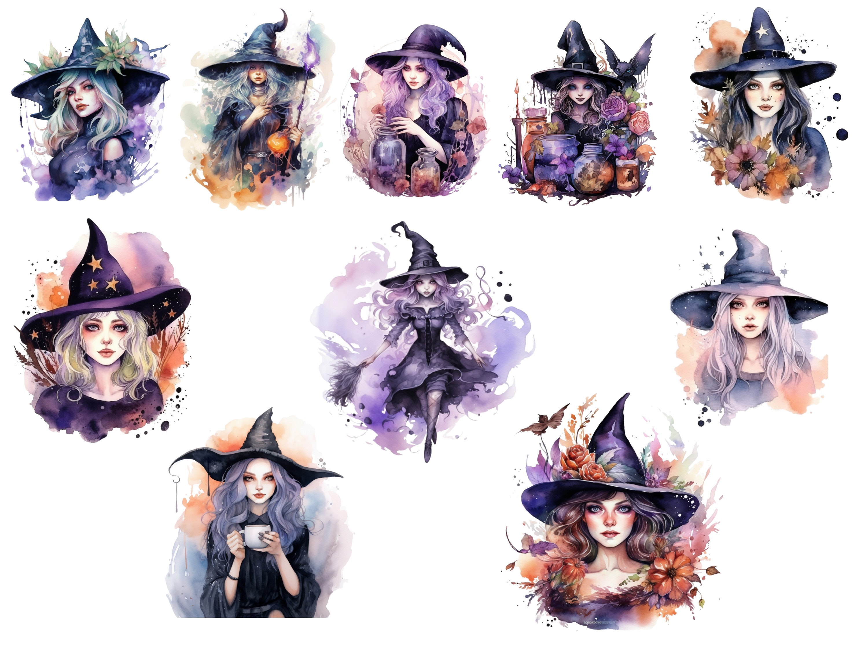 Witchy Clipart Bundle, Watercolor Halloween PNG, Printable, Sublimation ...