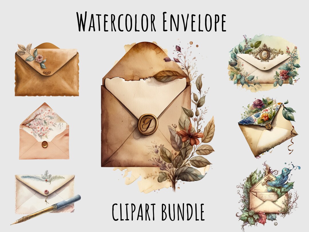 Watercolor Vintage Envelope Clipart PNG Bundle, Happy Mail, Retro ...