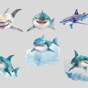 Watercolor Shark Clipart, Cute Baby Shark Clip Art, Great White Shark ...