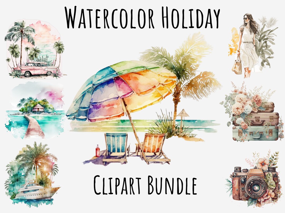 Watercolor Vacation, Holiday Clipart, Summer Traveling, Instant ...