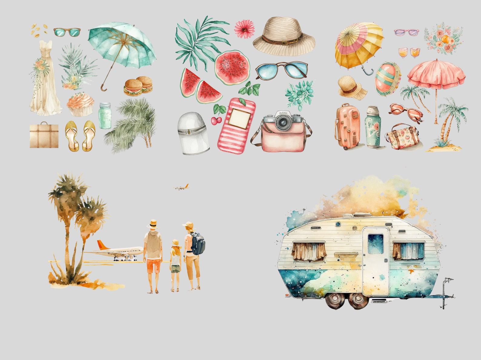 Watercolor Vacation Clipart, Holiday Images, Camera, Backpack, Luggage ...