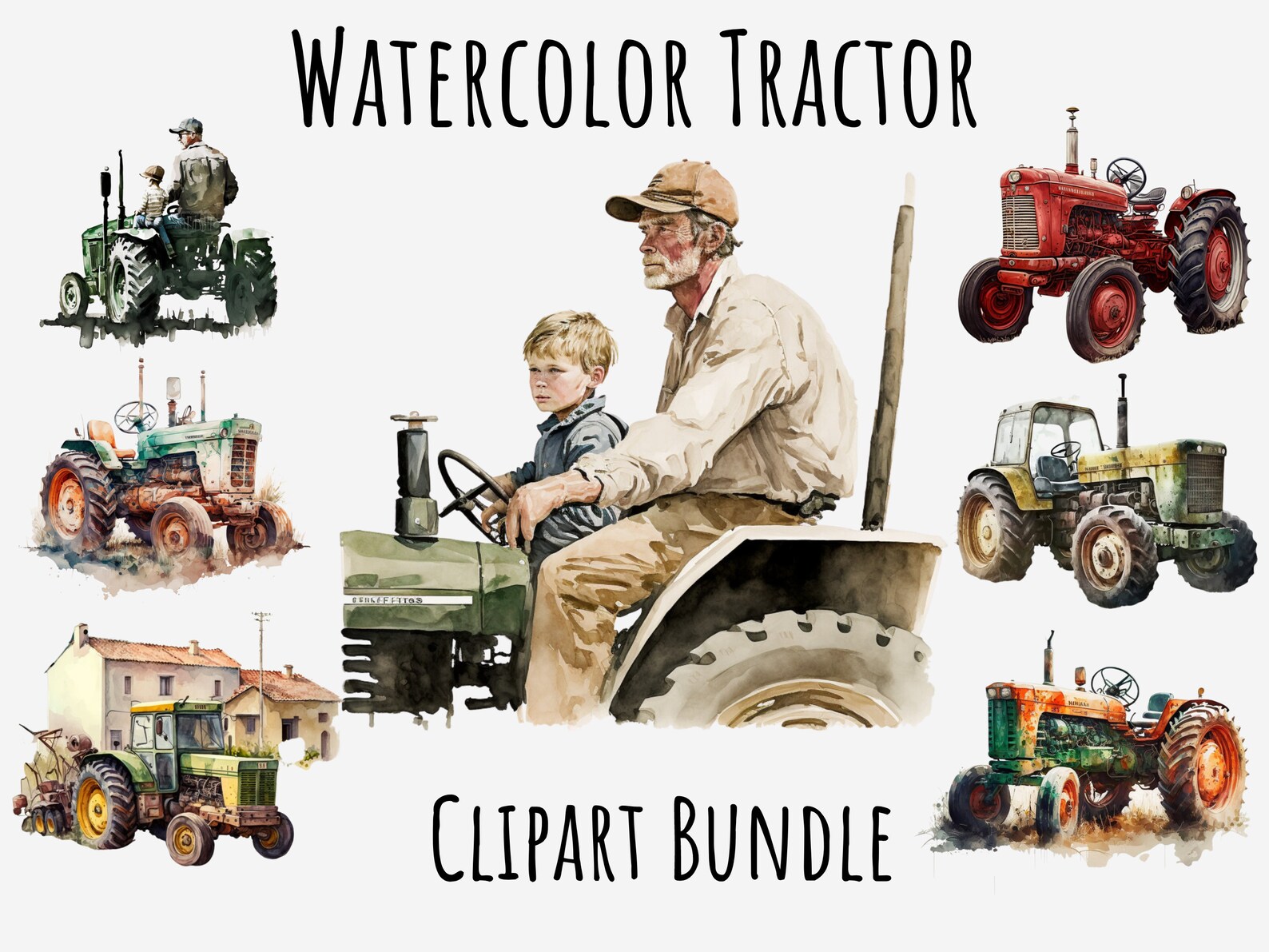 Watercolor Tractor Clipart, Countryside, Machinery, Farm Clipart ...