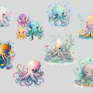 Watercolor Cute Baby Octopus Clipart, Cute Sea Animals Png, Underwater ...