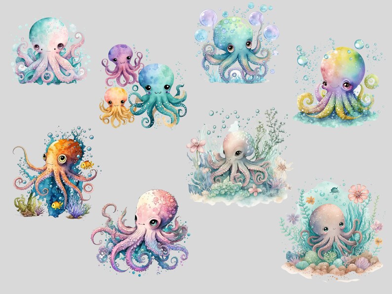 Watercolor Cute Baby Octopus Clipart Cute Sea Animals Png - Etsy