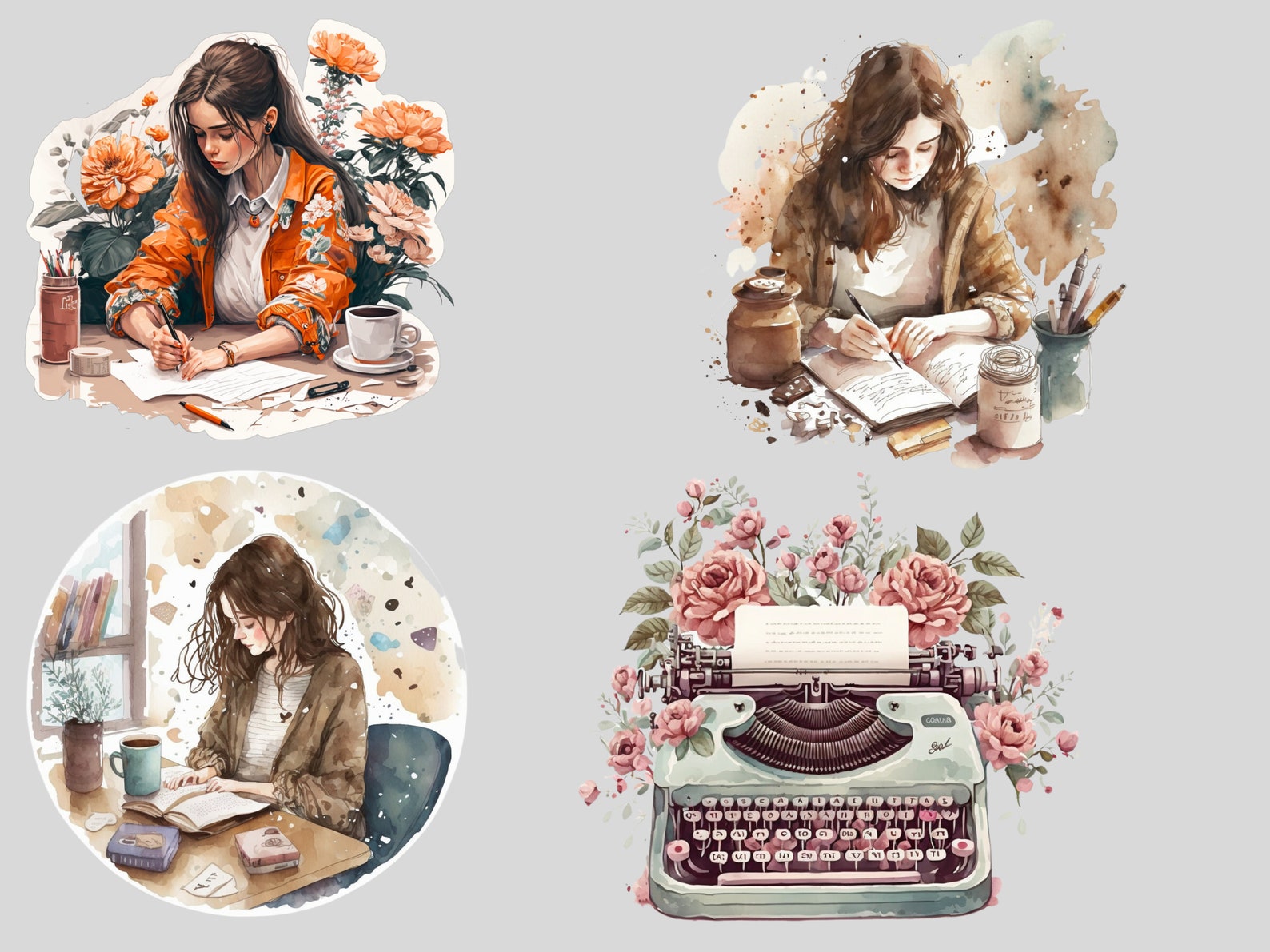Watercolor Writer Clipart Png Bundle, Artist Typewriter Book Clipart ...