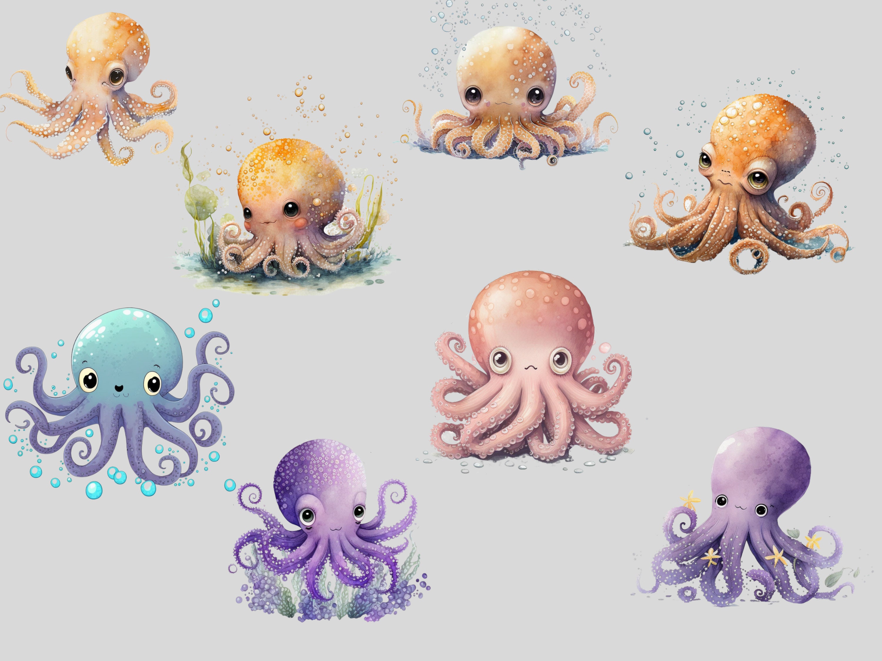 Watercolor Cute Baby Octopus Clipart Cute Sea Animals Png - Etsy