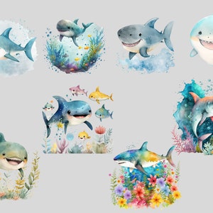 Watercolor Shark Clipart, Cute Baby Shark Clip Art, Great White Shark ...