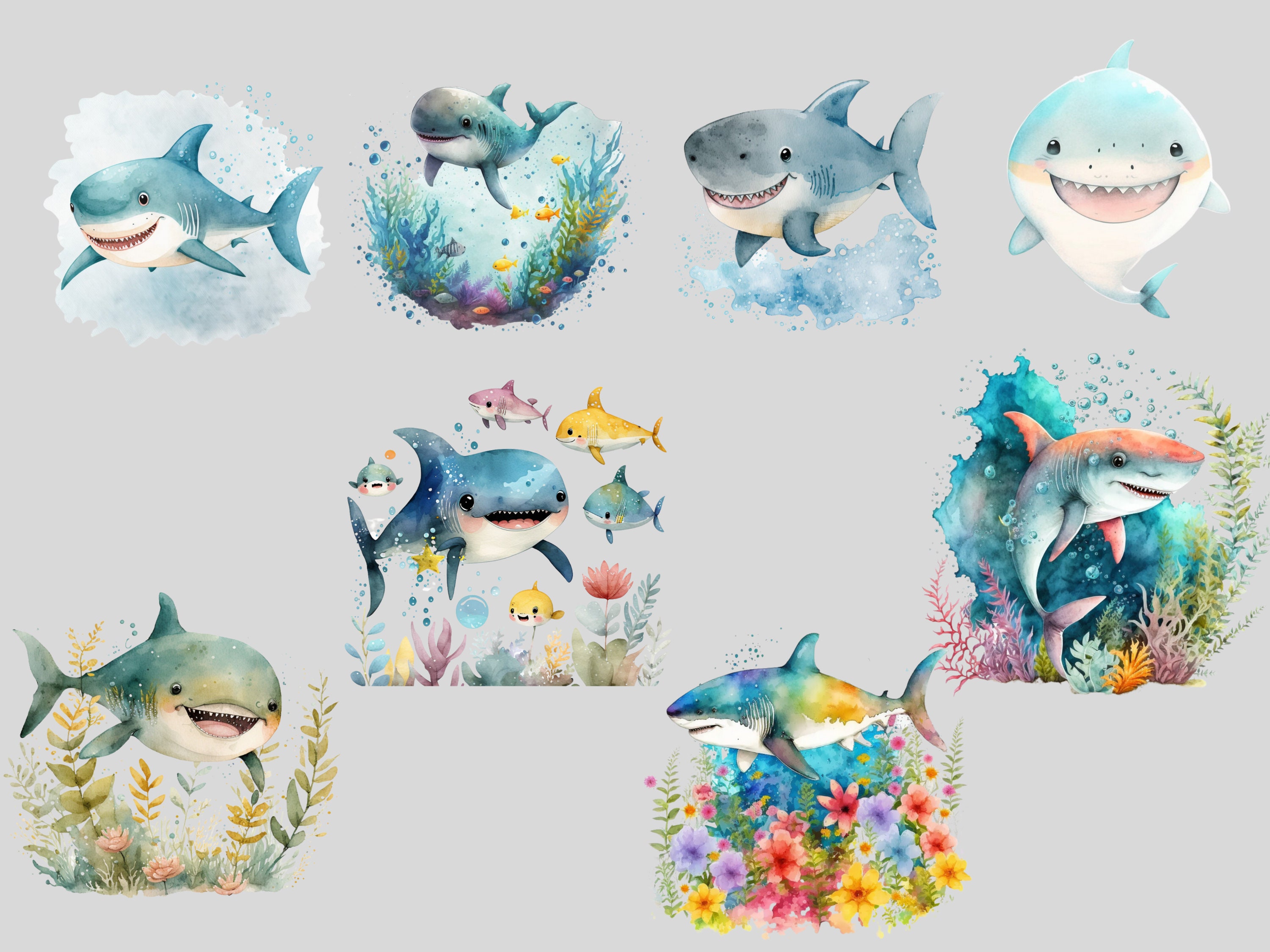 Watercolor Shark Clipart Cute Baby Shark Clip Art Great - Etsy Australia