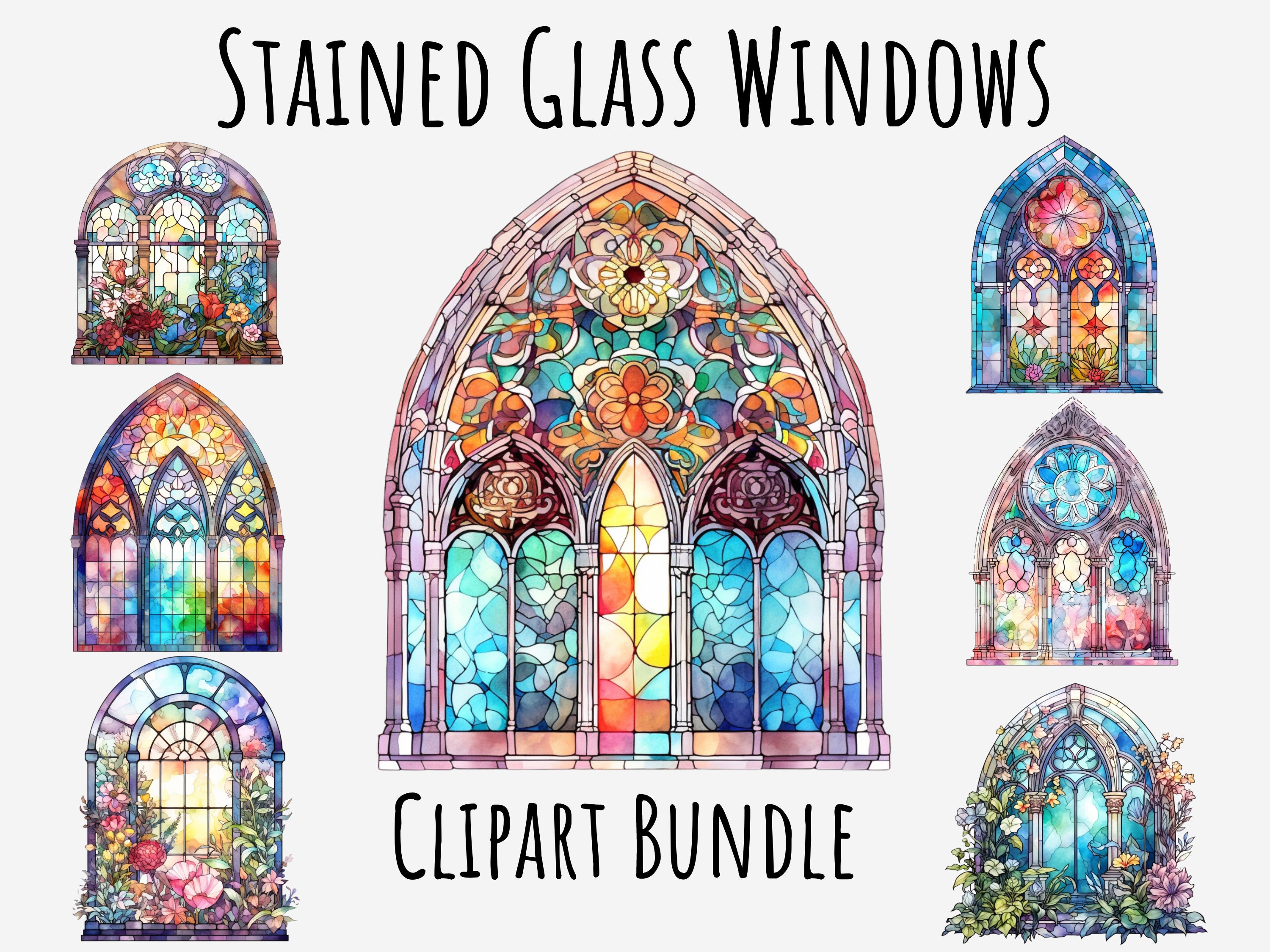 Watercolor Stained Glass Window Clipart PNG Retro Arch - Etsy