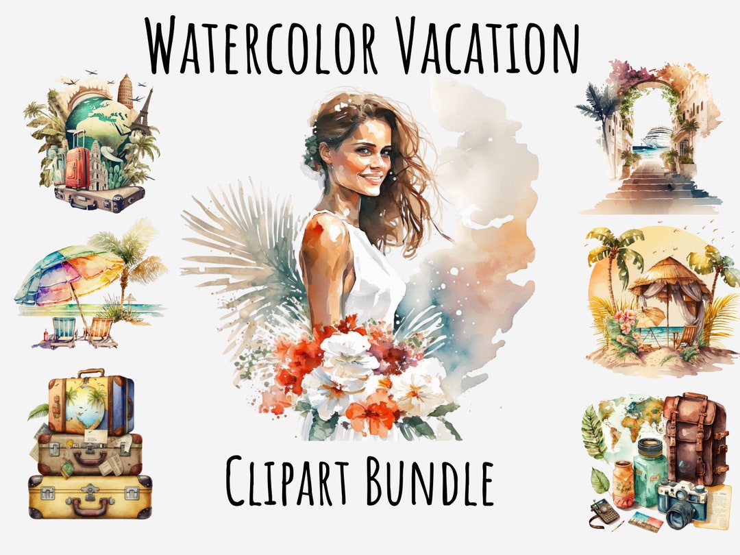 Watercolor Vacation Clipart, Holiday Images, Camera, Backpack, Luggage ...