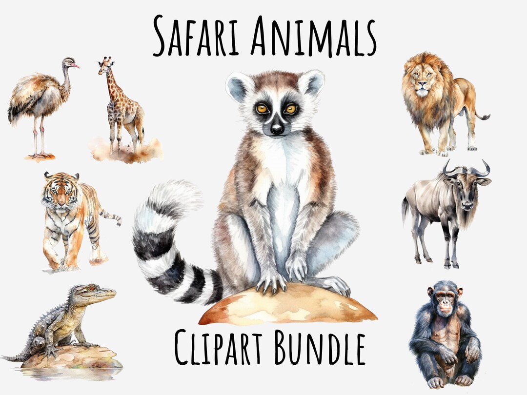 Watercolor Safari Animals Clipart, Lion, Crocodile, Monkey, Zebra ...