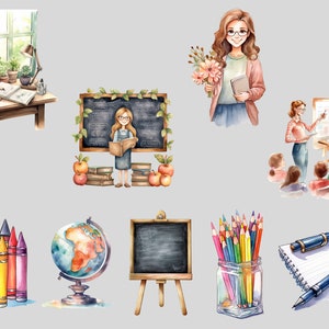 Watercolor Back to School Clipart, Teacher, Students, Chalkboard, Book ...
