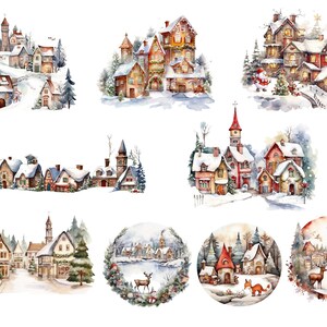 Watercolor Christmas Village Clipart Bundle, Winter Holiday Buildings ...