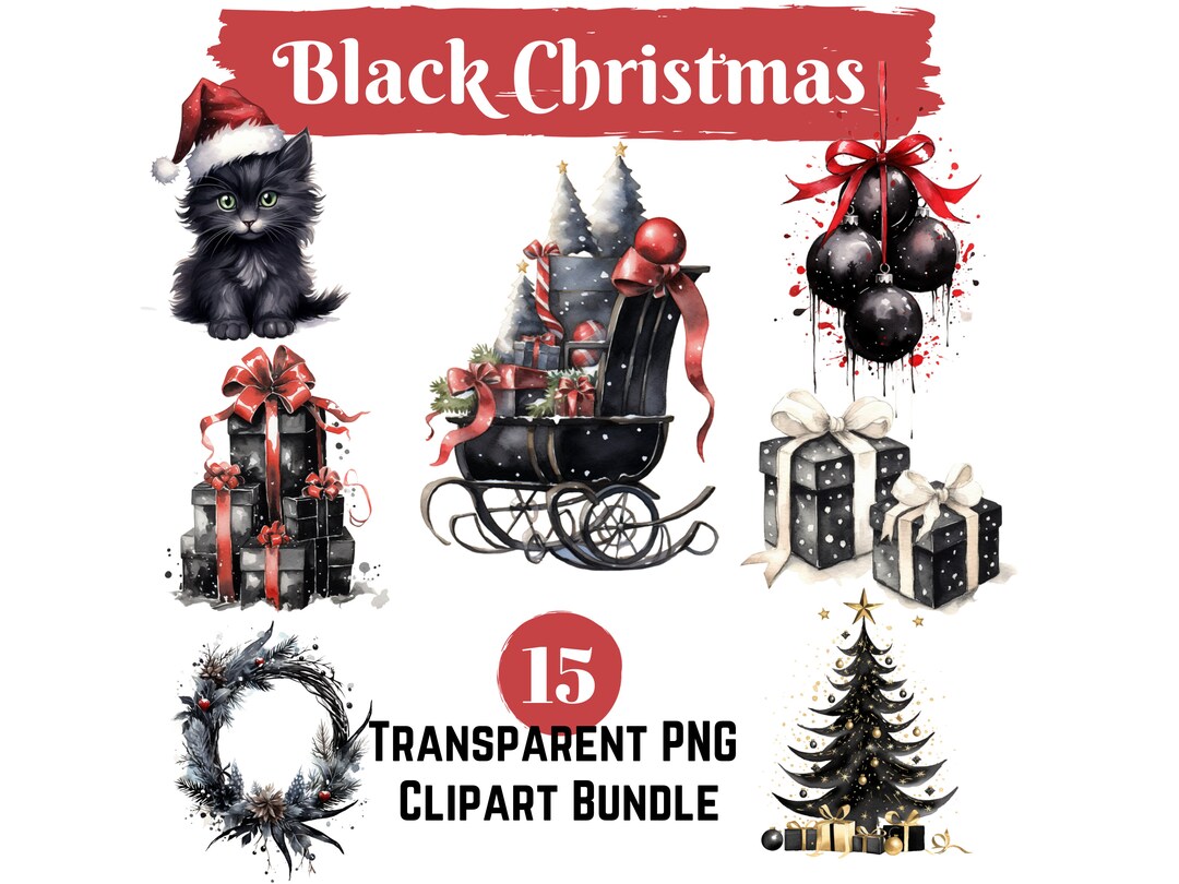 Dark Christmas Clipart, Black Xmas PNG Bundle, Santa Sleigh, Ornaments ...