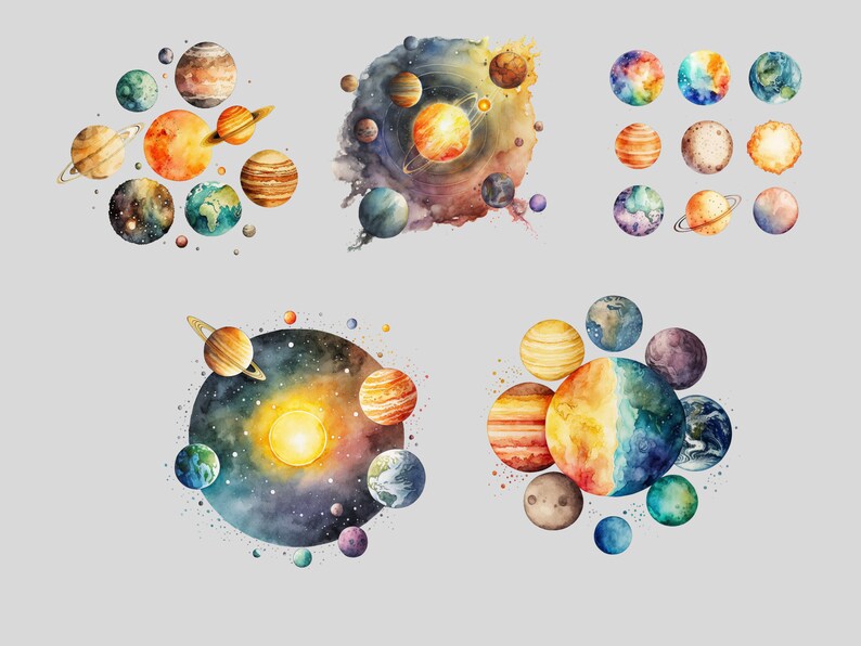 Watercolor Solar System Planet Clipart, Space Graphics, Galaxy, Earth ...