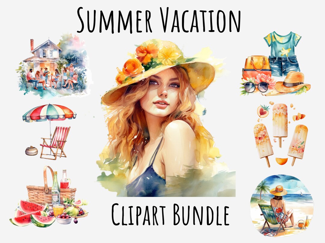Watercolor Summer Clipart, Vacation, Beach, Ice Cream, Popsicle ...