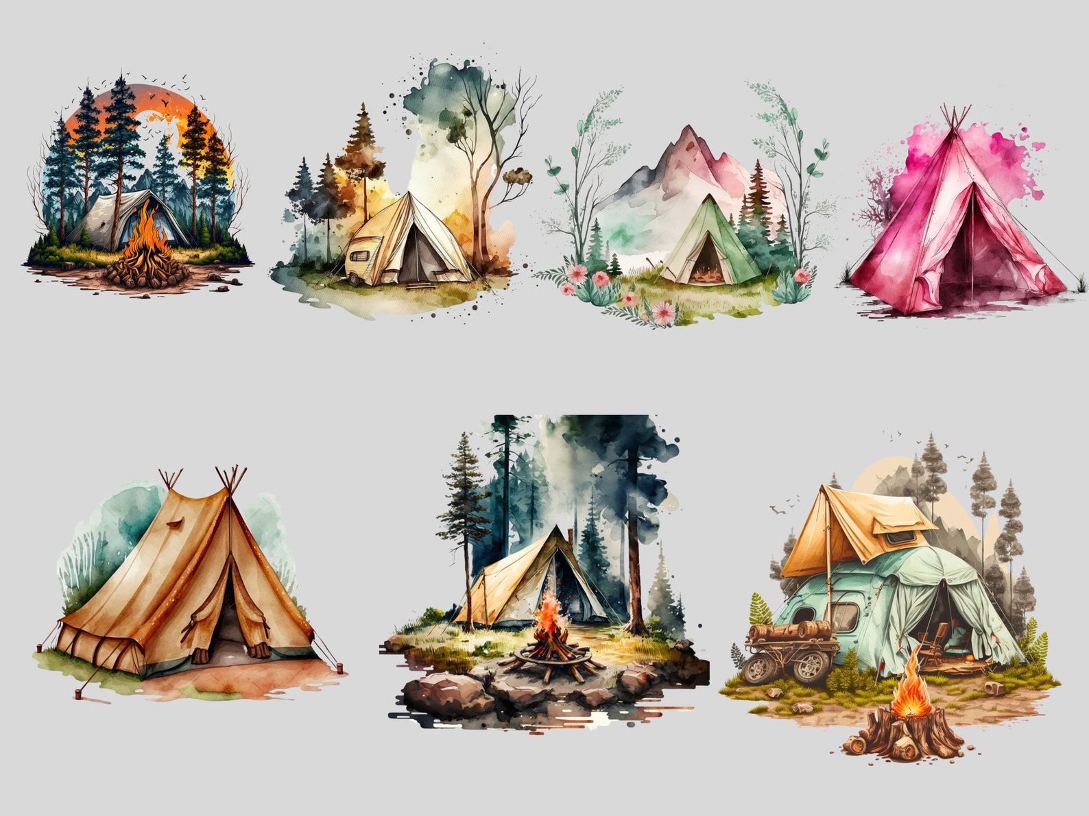 Watercolor Tent, Hiking, Camping Clipart Bundle PNG Mountain Forest ...
