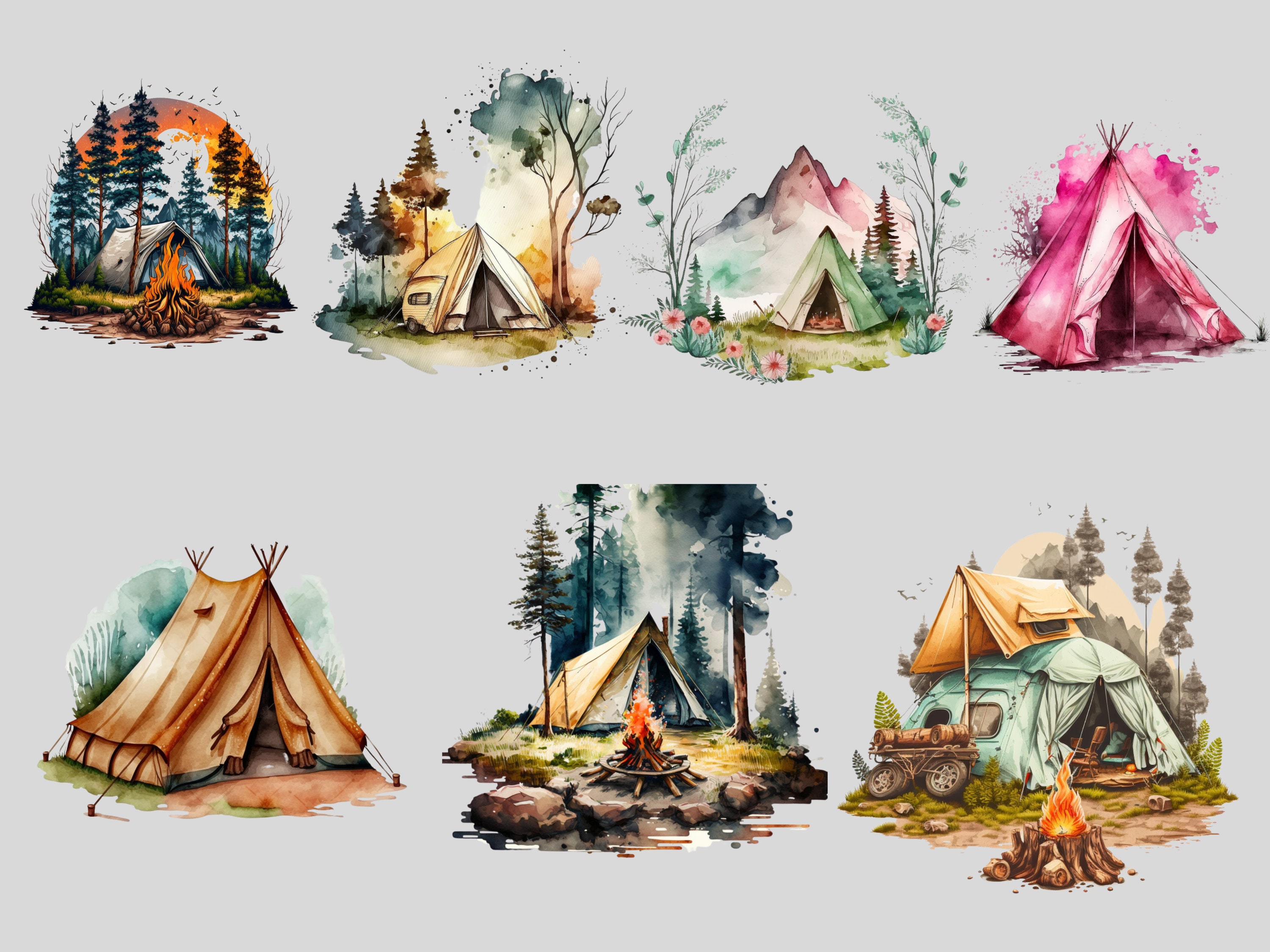 Watercolor Tent Hiking Camping Clipart Bundle PNG Mountain - Etsy