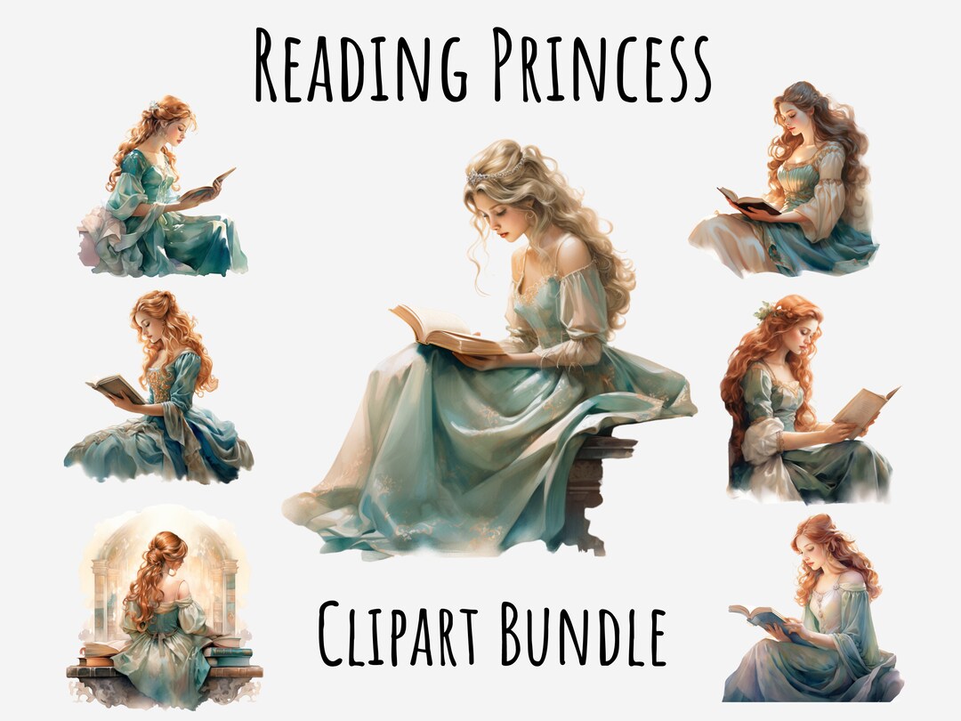 Watercolor Reading Princess Clipart Bundle, Open Book, Dreamy Clipart ...