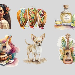 Watercolor Mexican Clipart, Fiesta, Cinco De Mayo, Guitar, Cactus ...