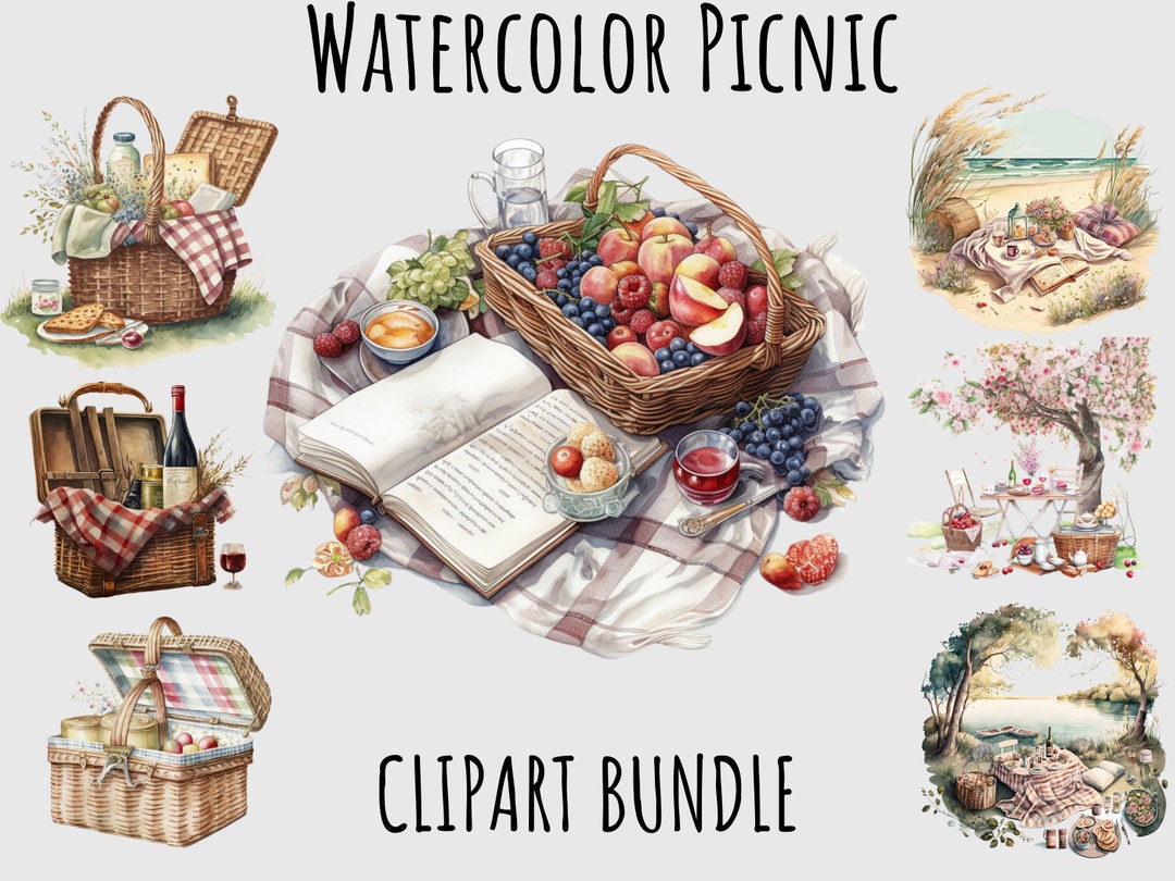 Watercolor Picnic Basket Clipart, Beach,garden Picnic Png Invitation ...
