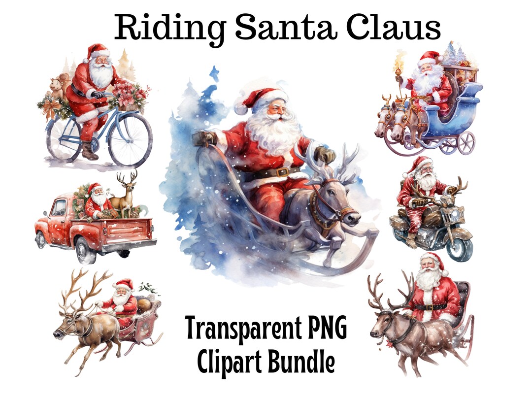 Santa Claus Riding Clipart, Reindeer, Santas Sleigh, Red Christmas ...