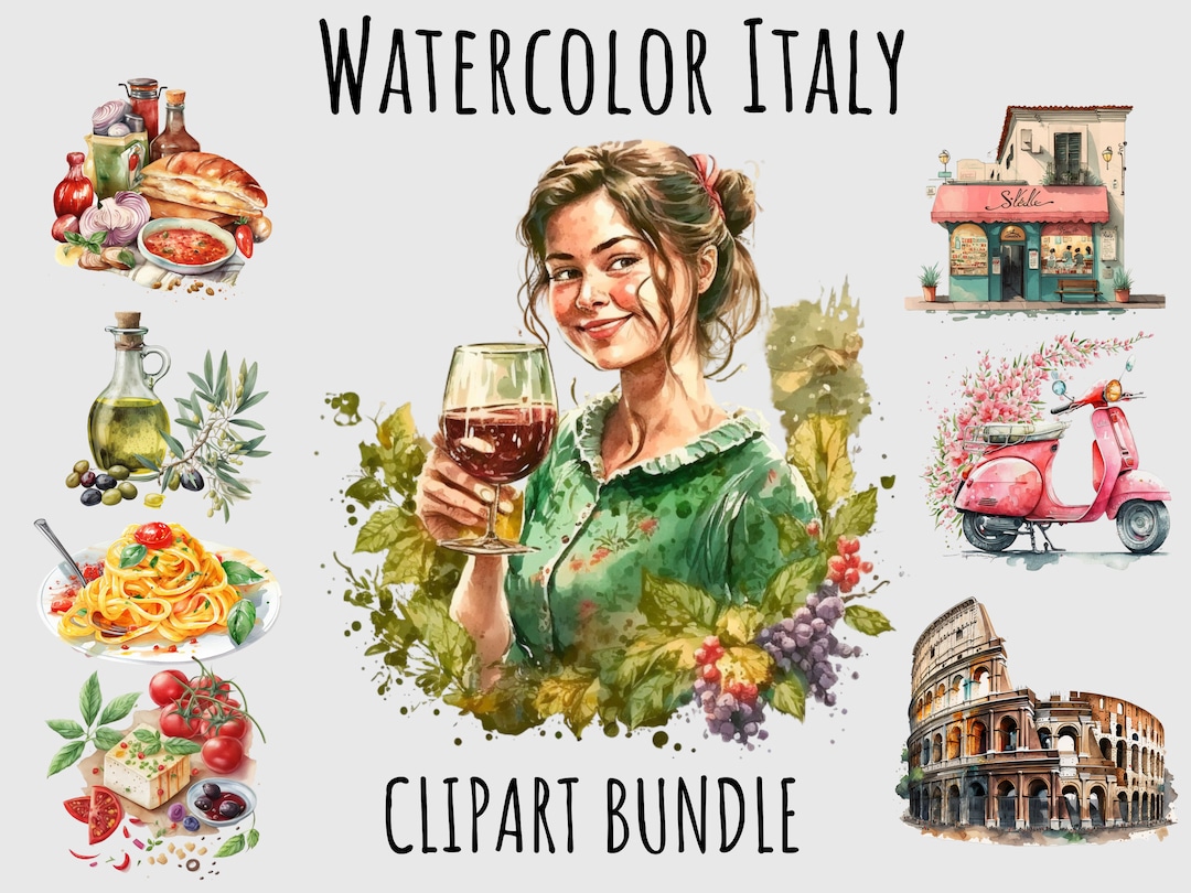 Watercolor Italy Clipart, Wine, Pasta, Pizza Png, Olive Branch, Bakery ...