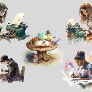 Watercolor Writer Clipart Png Bundle, Artist Typewriter Book Clipart ...