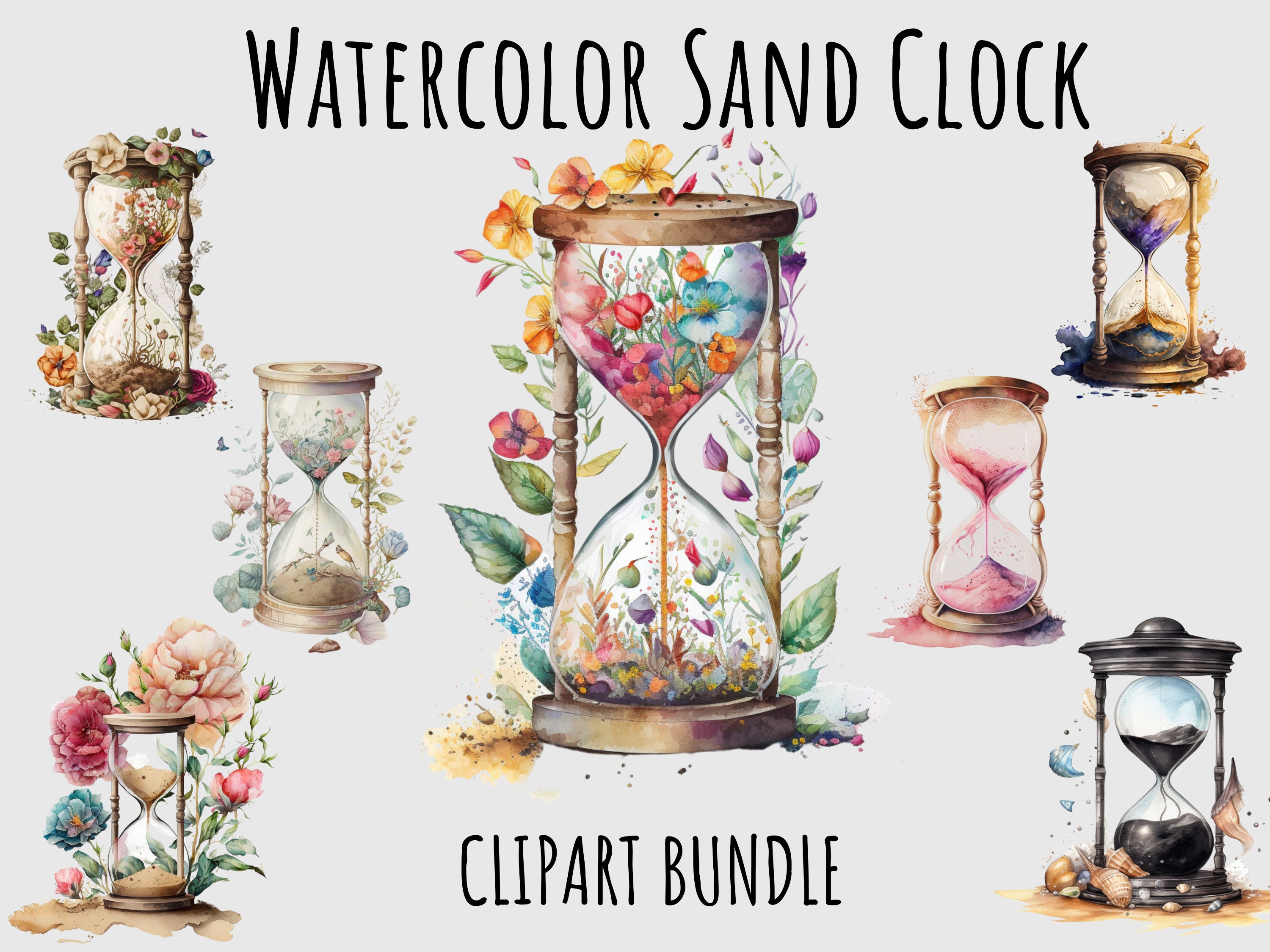 Watercolor Sand Clock Clipart PNG, Retro Clock, Vintage Clock, Floral ...