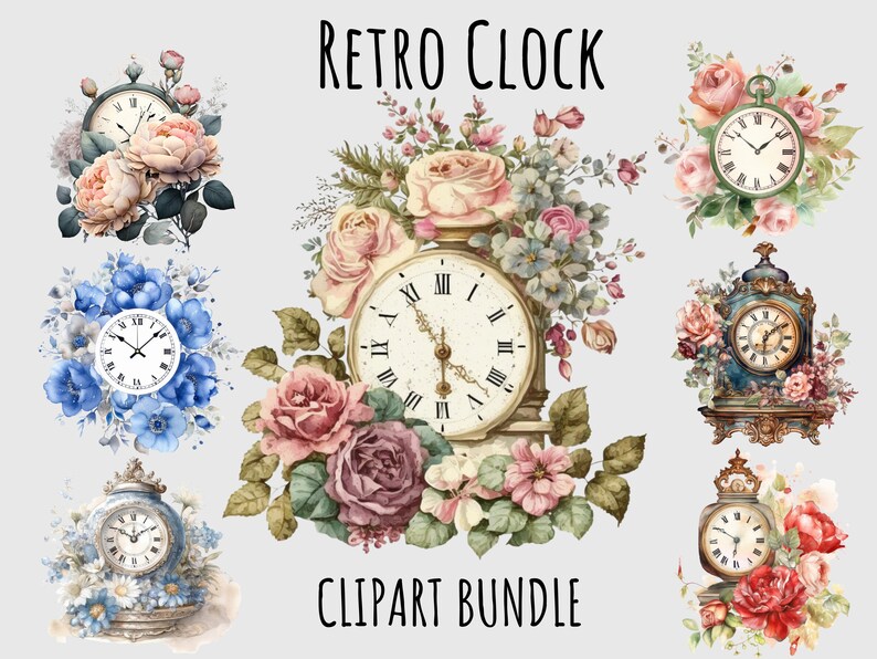Watercolor Clock Clipart PNG Retro Clock Clipart Floral - Etsy