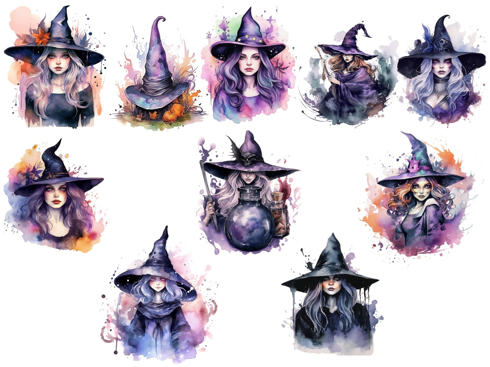 Witchy Clipart Bundle, Watercolor Halloween PNG, Printable, Sublimation ...