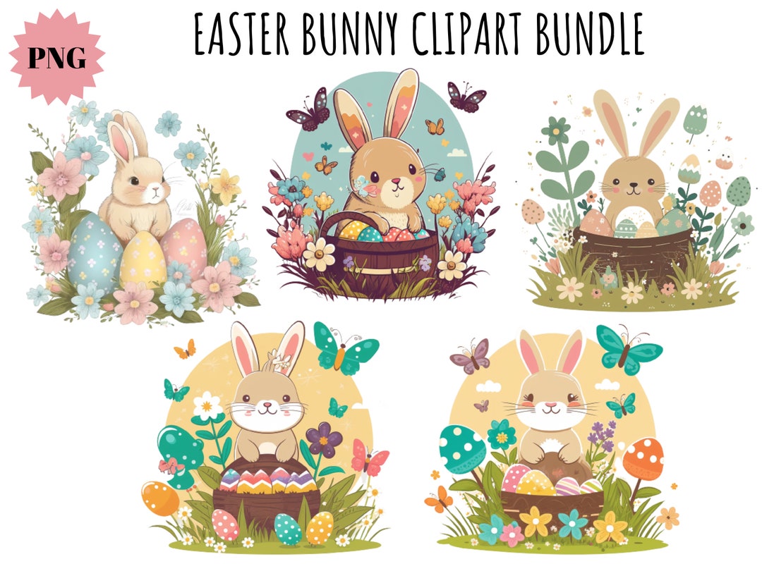 Cute Easter Bunny Clipart Bundle PNG for Sublimation, Easter Clipart ...