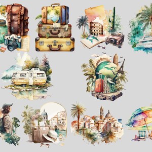 Watercolor Vacation Clipart, Holiday Images, Camera, Backpack, Luggage ...
