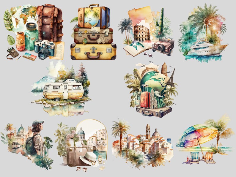 Watercolor Vacation Clipart, Holiday Images, Camera, Backpack, Luggage ...