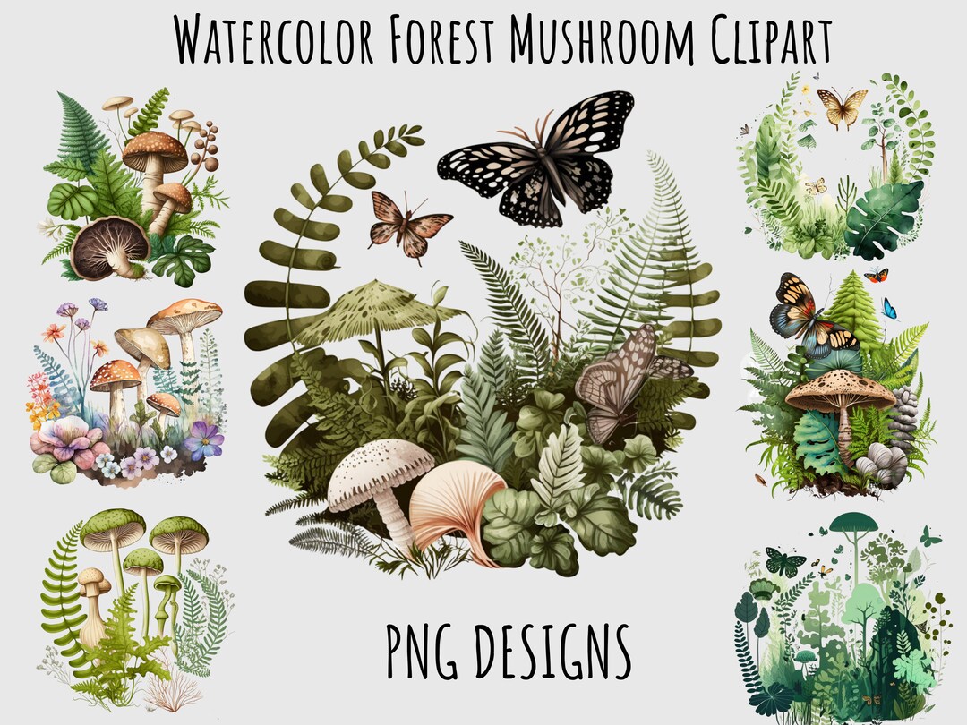 Watercolor Greenery Forest Mushroom Clipart Download Mystical Botanical ...