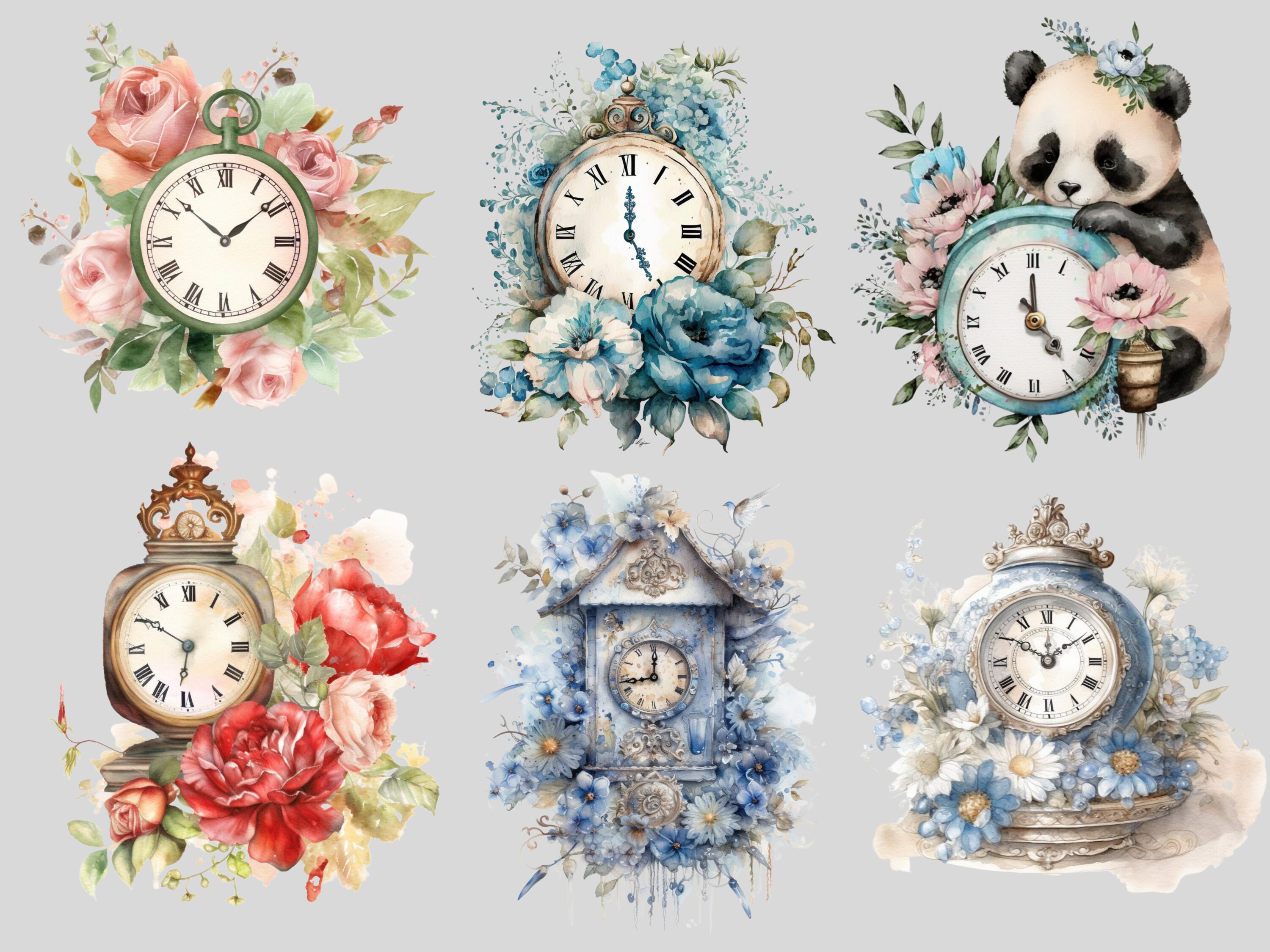 Watercolor Clock Clipart PNG, Retro Clock Clipart, Floral Vintage Clock ...