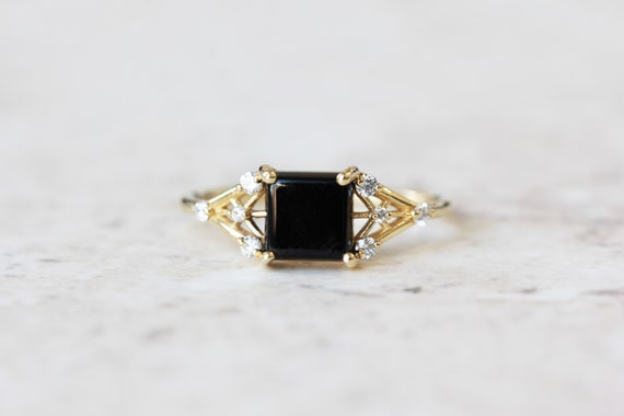 Onyx Engagement Ring Onyx Princess Cut Engagement Diamond Ring - Etsy