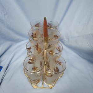 Libbey Gold Leaf Frosted Highball Glass Set Metal & Wood Handled ...